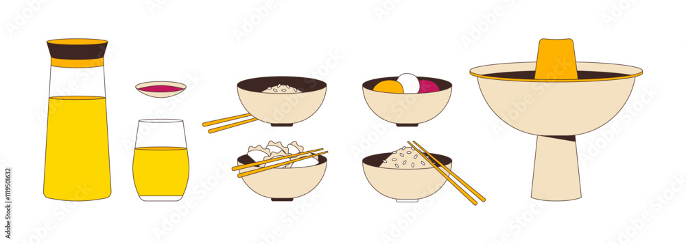 Authentic chinese cuisine 2D cartoon objects set. Drinkware. Rice bowls ...