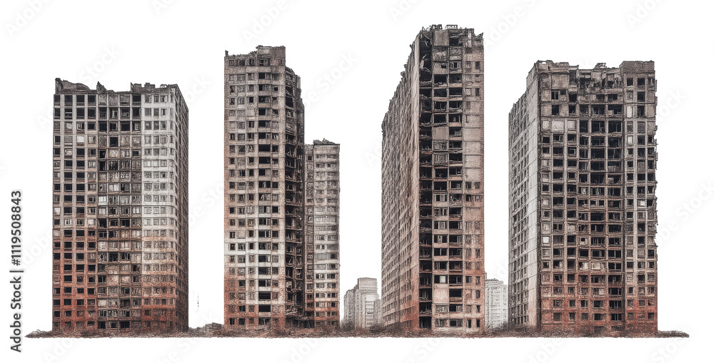 abandoned high-rise buildings with damaged exteriors, urban decay and ...