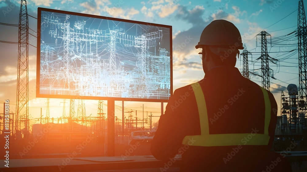 Engineer reviewing power grid blueprints on a large screen at sunset ...