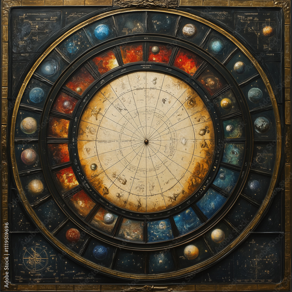 Ornate celestial diagram showcasing planets and celestial phenomena in ...