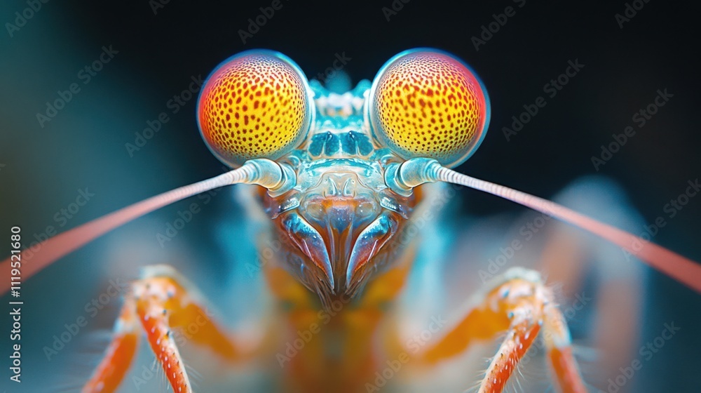 An intricate close-up of a mantis shrimp highlights its vivid ...