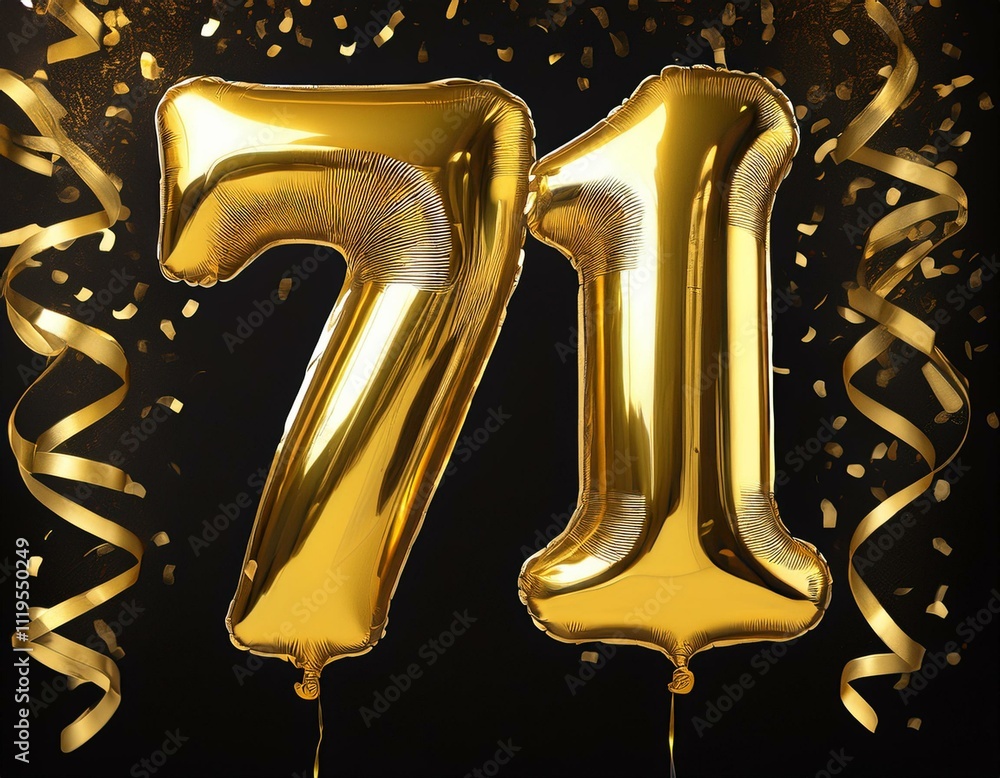 Gold birthday / anniversary balloon, number 71, black background with ...