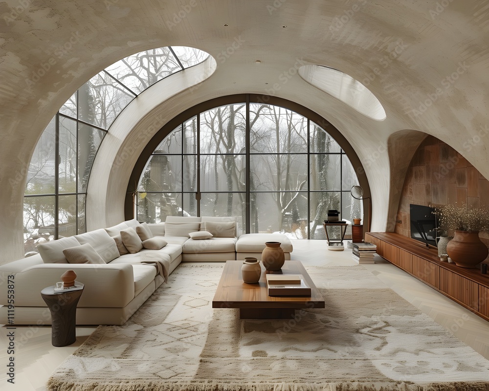 Large, arched windows, wooden window frames, high arched ceilings ...