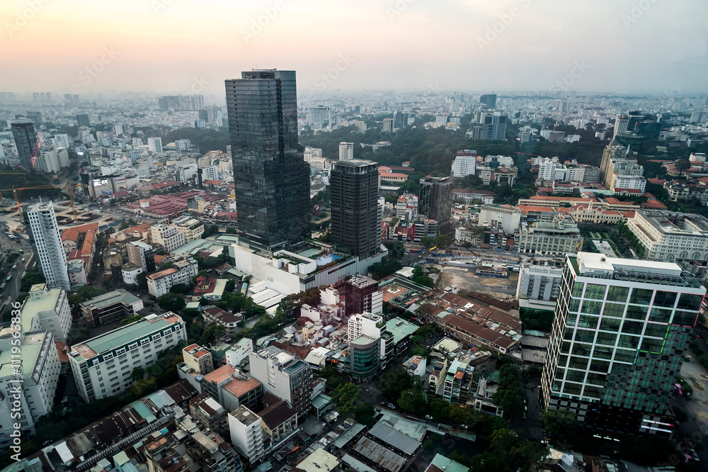Cityscape of Saigon downtown, viewed from top of building. Saigon Ho ...
