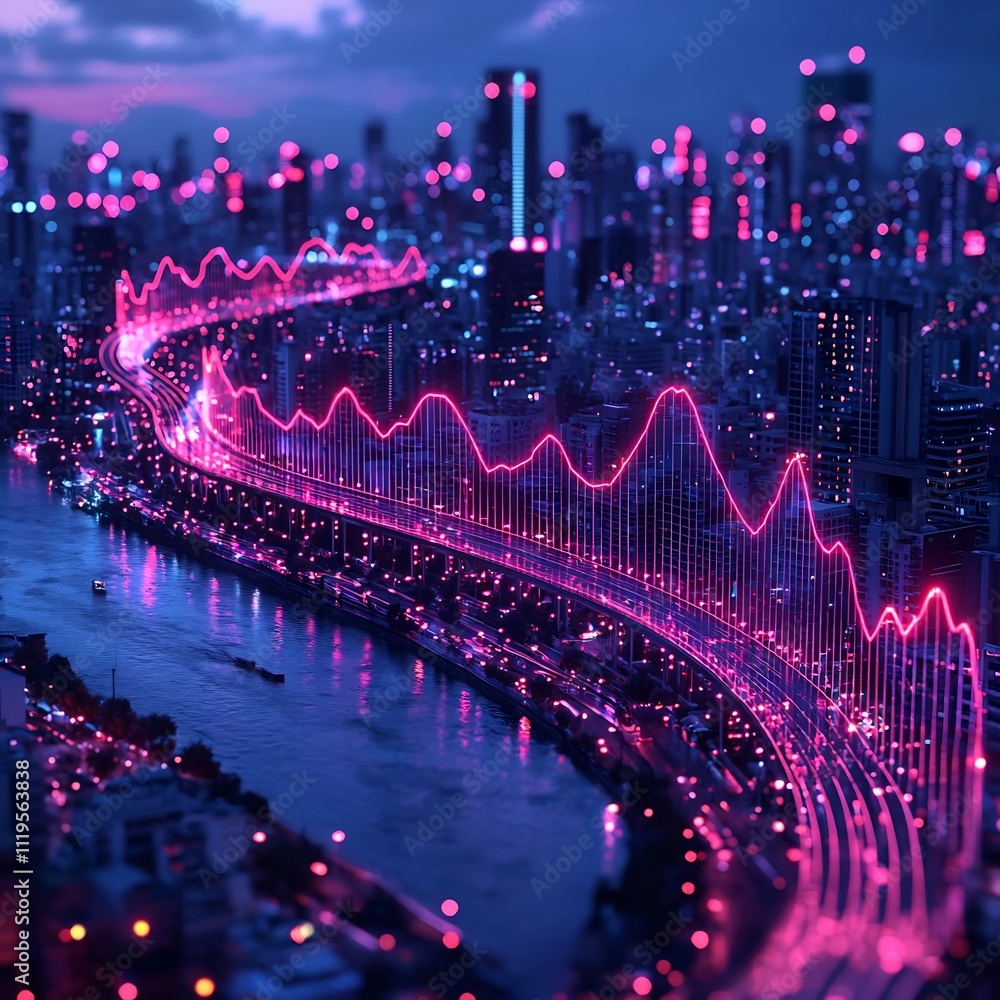 Suspended Neon Graph Visualizing Urban Growth and Development Over City ...