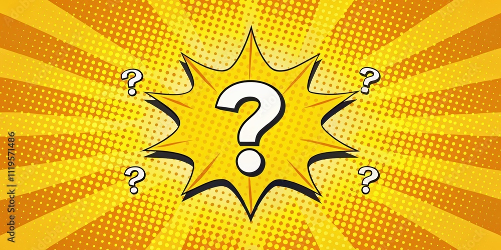 Pop art comic book cover with yellow background, question marks, and ...