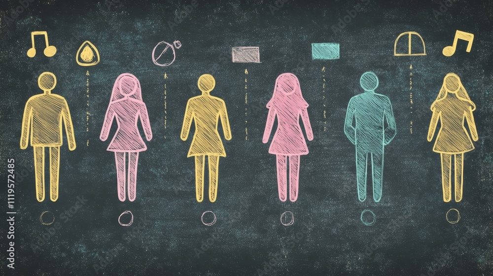 minimalist restroom signage icons, male and female pictograms, chalk ...