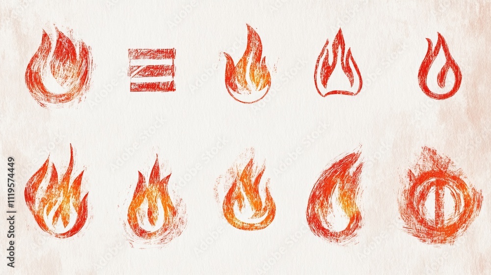 minimalist fire hazard symbols sketched in crayon, rough chalk texture ...