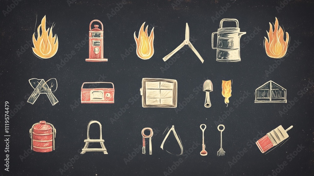 fire protection icons in elementary school art style, chalk crayon ...