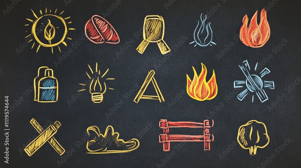 primitive fire safety pictograms, children's crayon art style, rough ...