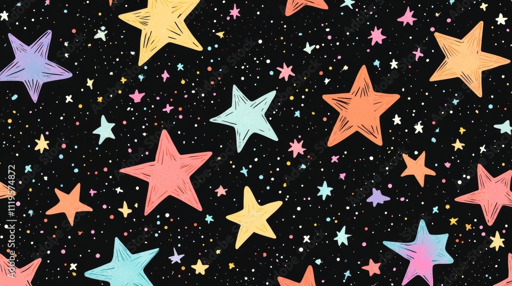 pastel colored stars and sparkles, marker pen illustration style ...