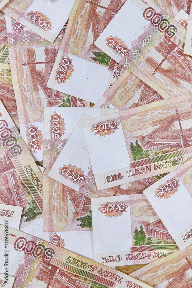 Russian money, background of five thousand russian ruble banknotes, top ...