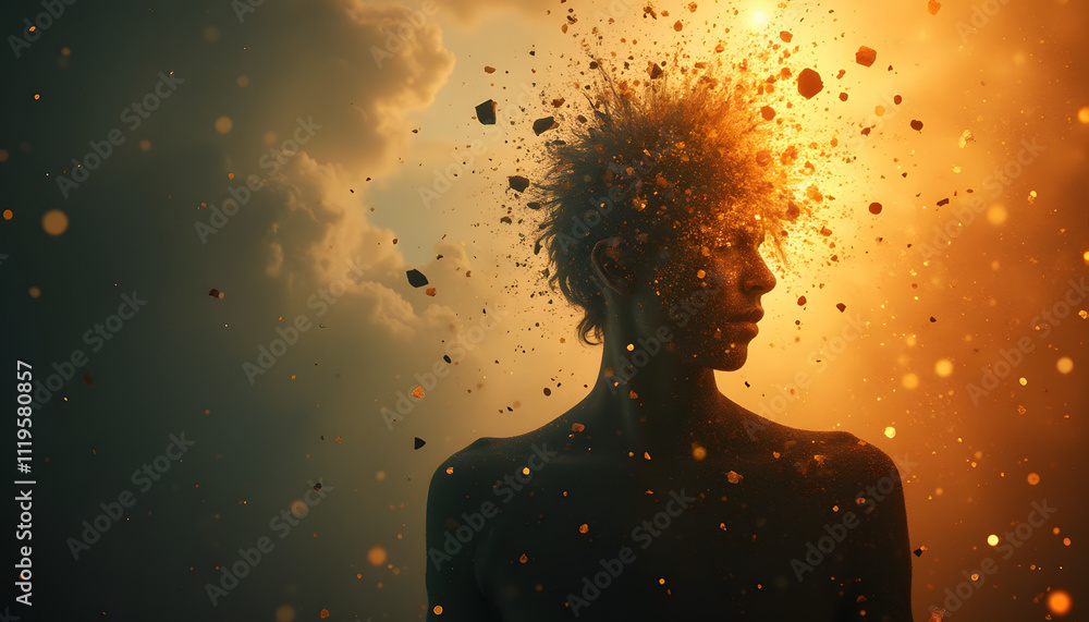 A conceptual depiction of past tense with a human silhouette dissolving ...