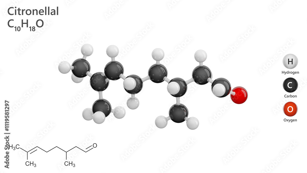 Molecule: Citronellal. Essential oil. Lemon scent. Molecular structure ...