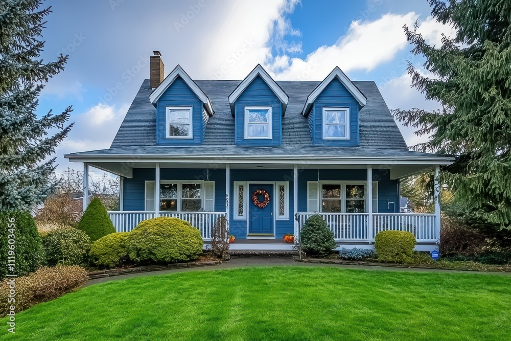 Charming blue Cape Cod style house expansive front porch white trim ...