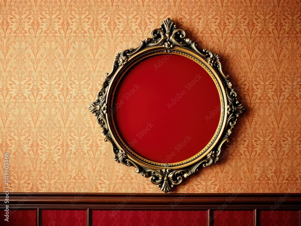 Red flock wallpaper with damask design on white background, elegant ...