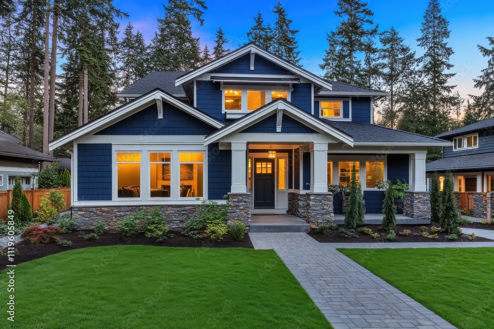 Cozy craftsman house blue exterior white trim stone accents warm ...