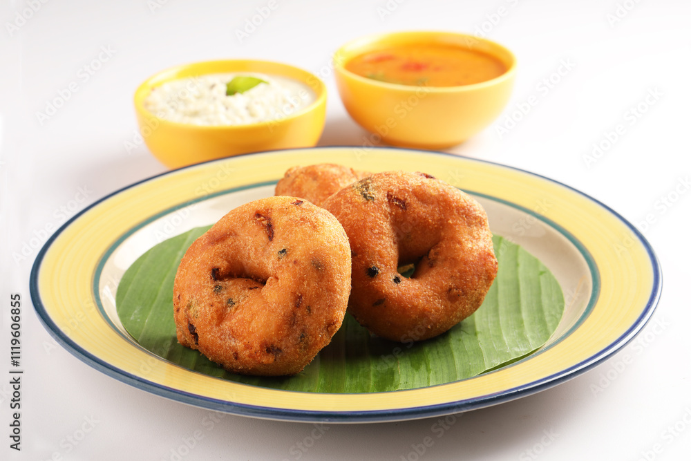 Medu Vada, a popular South Indian food served with Sambar ,Green ...
