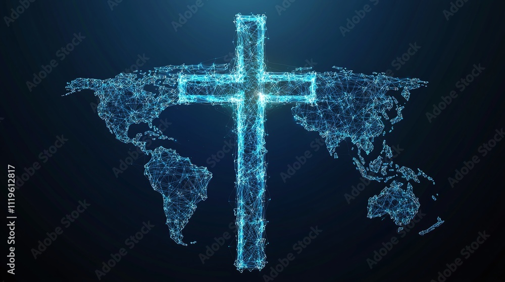 The holy cross of jesus christ world map. global mission, concept of ...