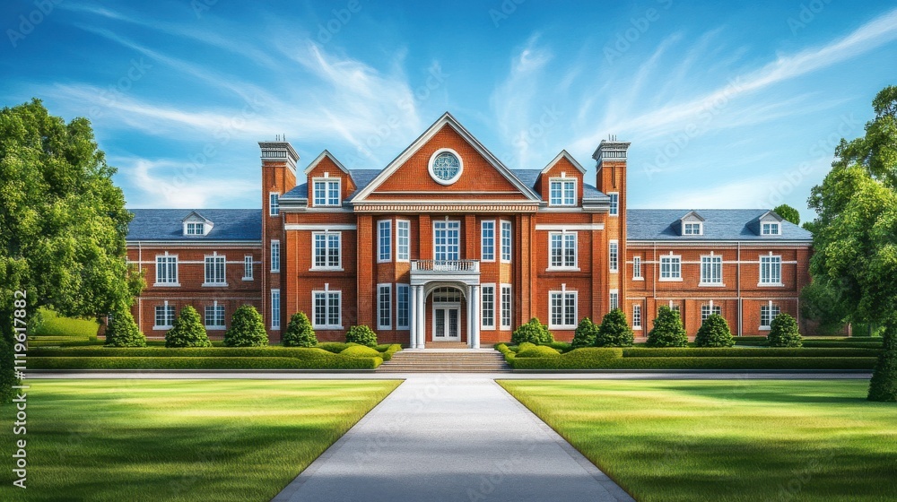 Majestic red brick school building symmetrical architecture white trim ...