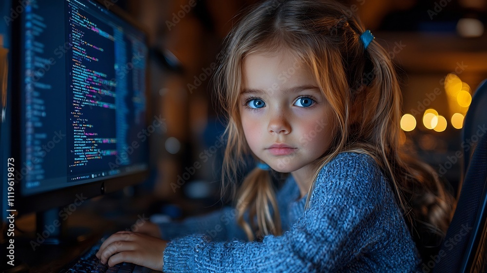 Young Girl Coding in High Tech Classroom STEM Education Promoting ...