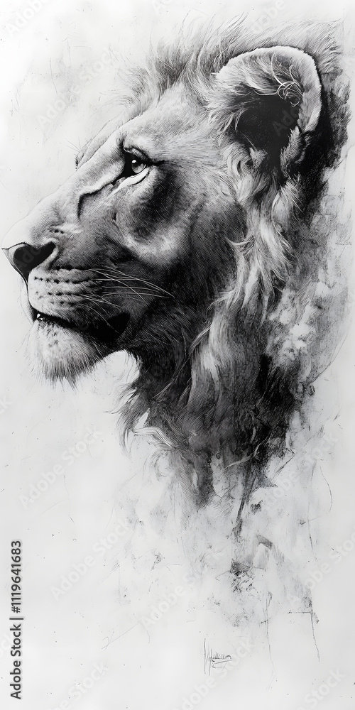 Detailed graphite pencil sketch of lion’s profile, powerful and serene ...