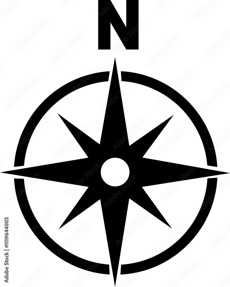 Monochrome navigational compass with cardinal direction of North, East ...