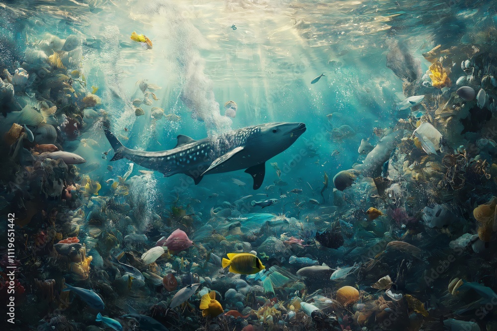 Whale shark swimming in an ocean full of plastic and garbage, raising ...