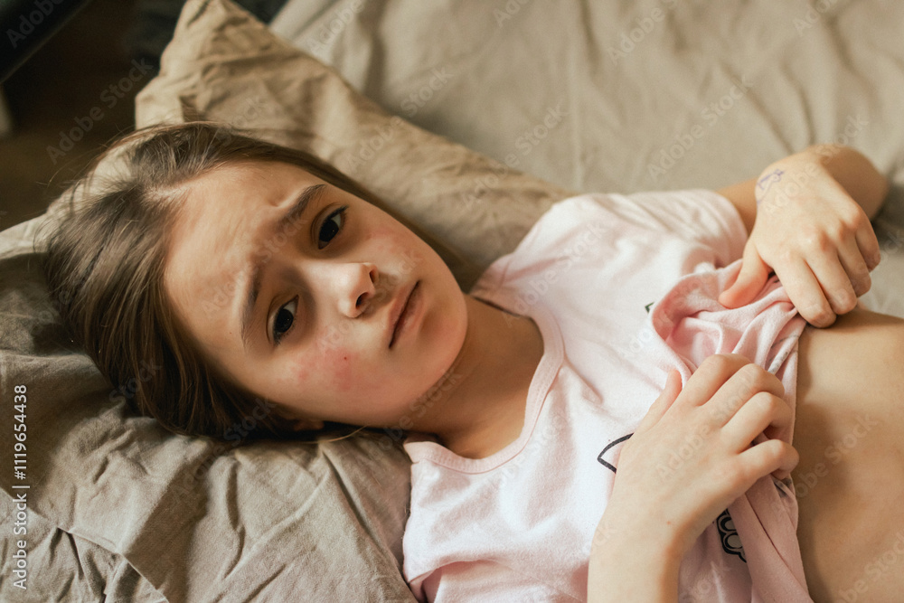 Stock-Foto „Close up of sick child with skin rashes is scratching from ...
