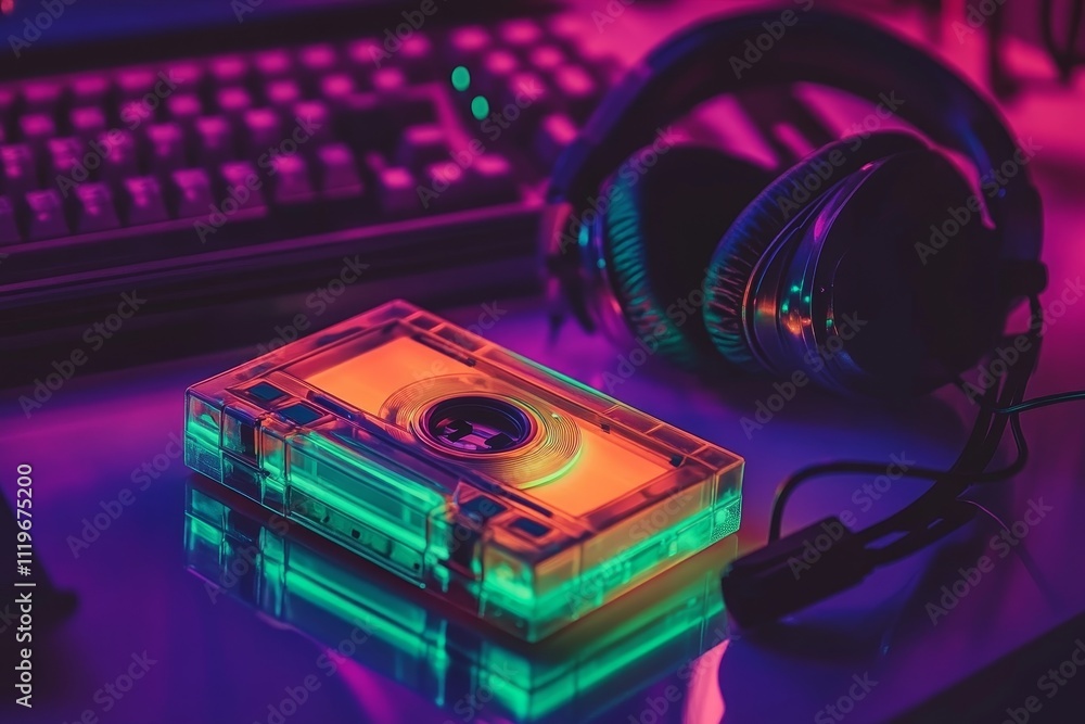 Retro cassette tape with vibrant neon lights and headphones on a gaming ...