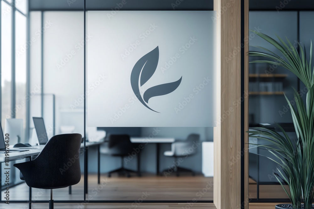 Customizable logo displayed on frosted glass partition in a modern ...
