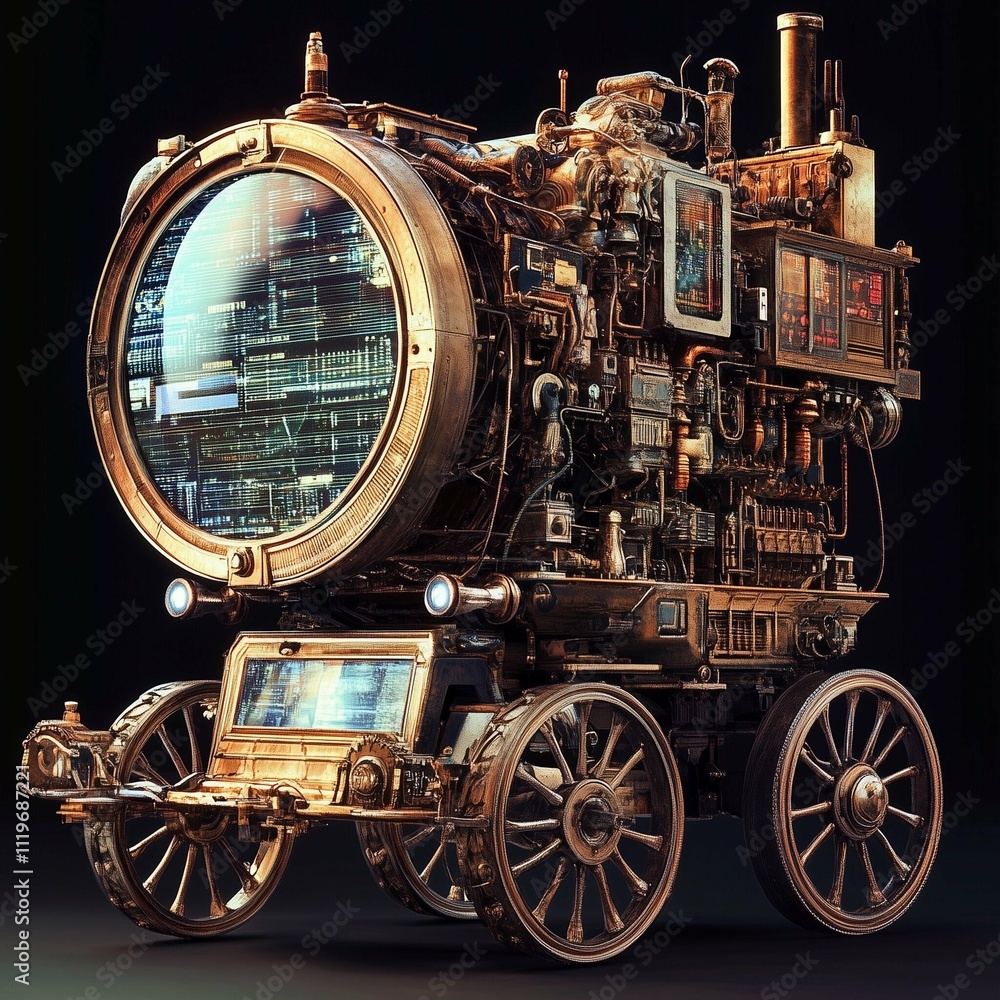 time machine consisting of a wheel with an axle, chariot, cart, steam ...