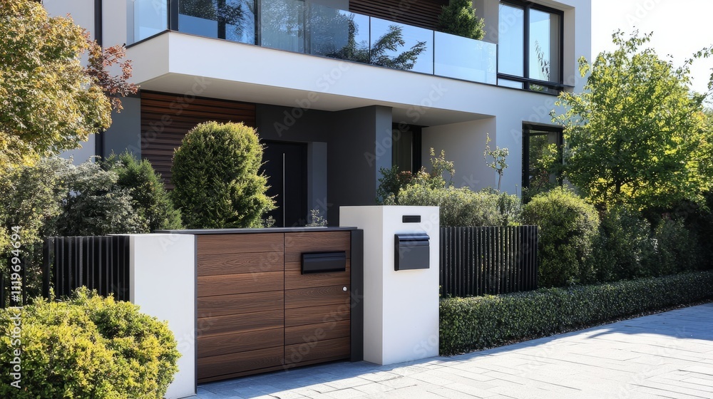 Contemporary house exterior with a stylish parcel delivery box cleverly ...