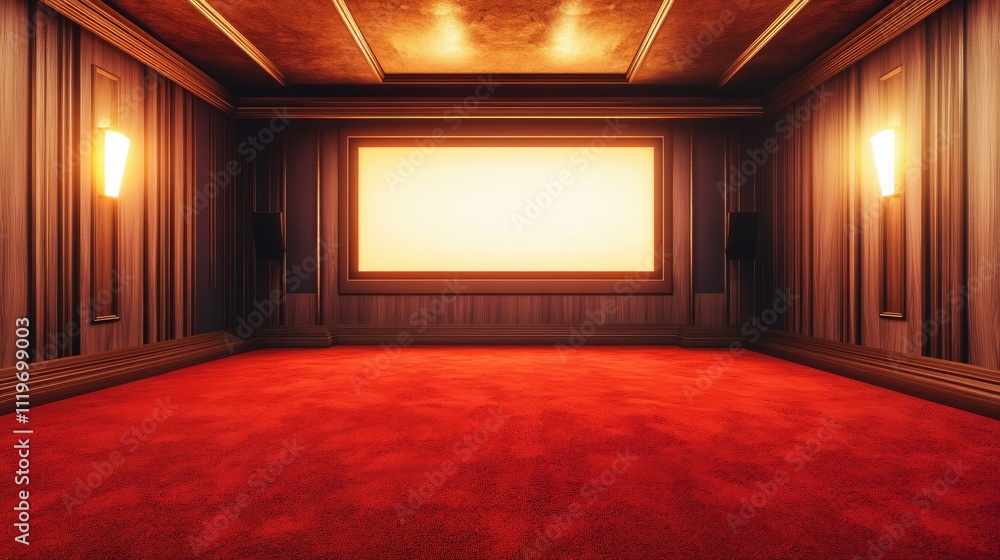 Modern cinema interior with rich wooden finishes, a bold red carpet ...