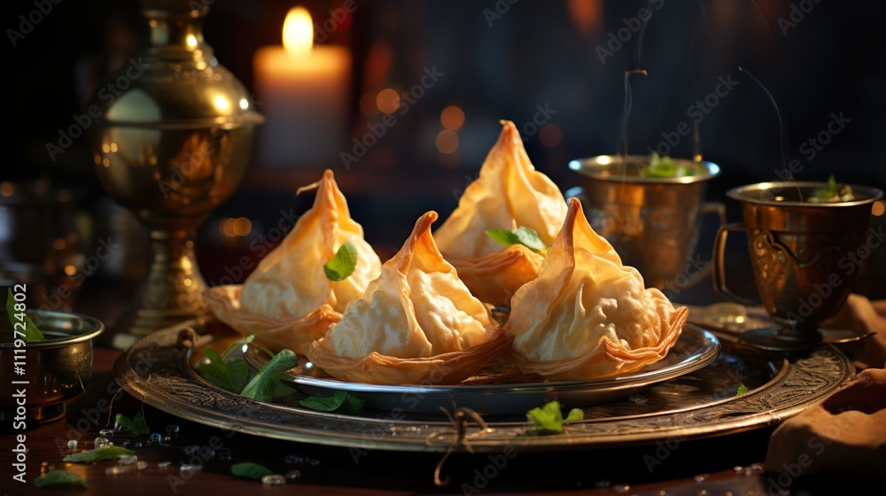 Vegetarian samsa or samosas.Indian special traditional street food ...