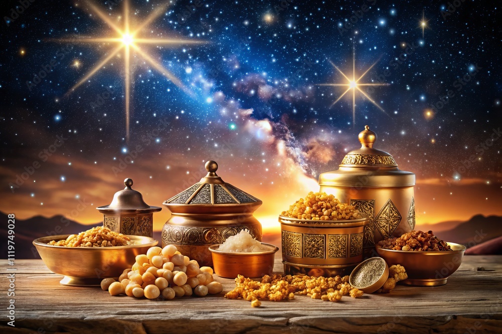 Elegant Close-Up of the Three Kings' Gifts: Gold, Frankincense, and ...