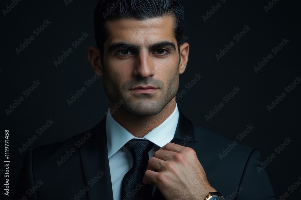 Man in black suit adjusting tie confident pose stylish haircut serious ...