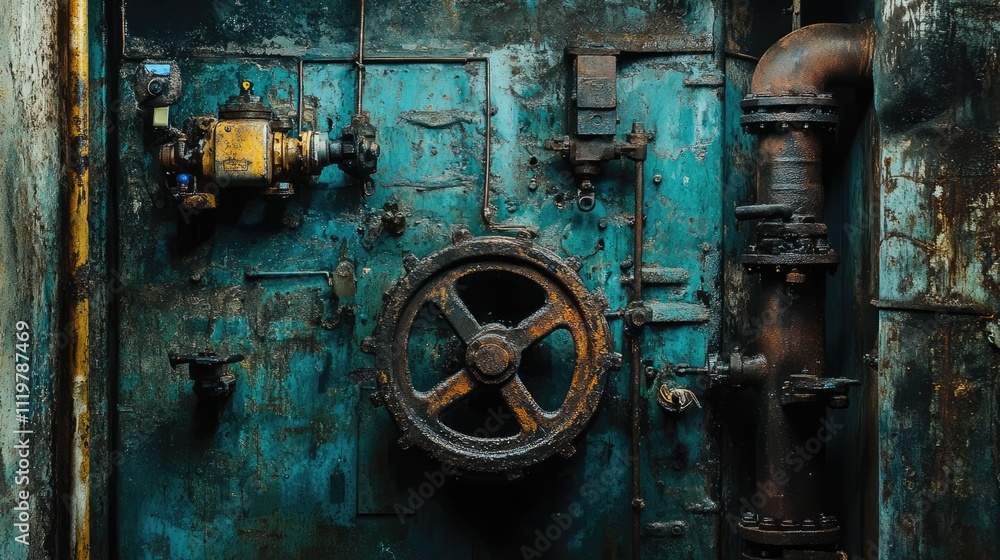 Industrial cryogenic vessel featuring aged metal pipes and valves, with ...