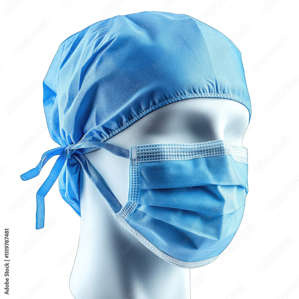 Medical surgical mask and cap worn by healthcare professional isolated ...