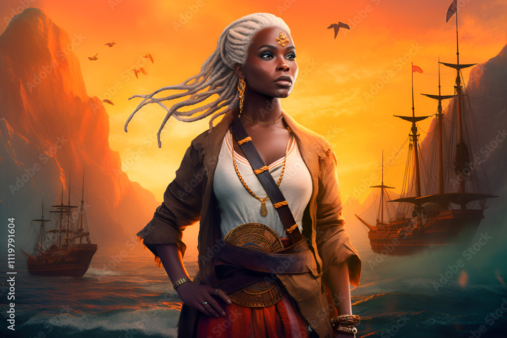 Captain in pirate garb: african female young adventurer at sea with ...