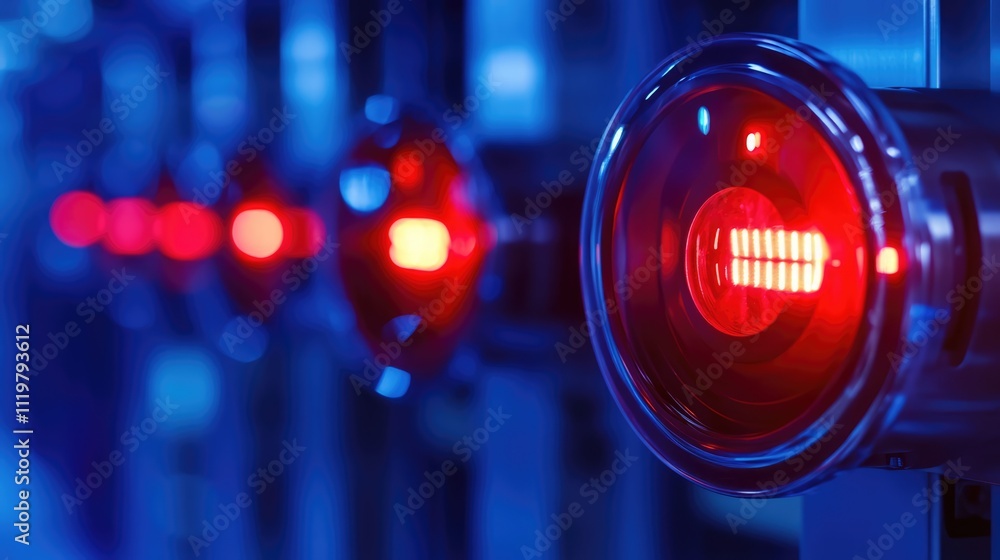 Red fire alarm notification system with illuminated warning lights ...