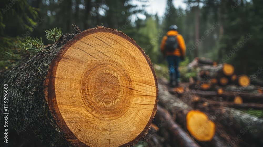 Cross-section of a felled spruce tree trunk showing detailed annual ...