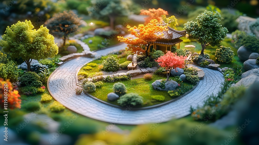 Aerial photograph of a miniature architectural park model featuring tiny trees and pathways. The ...
