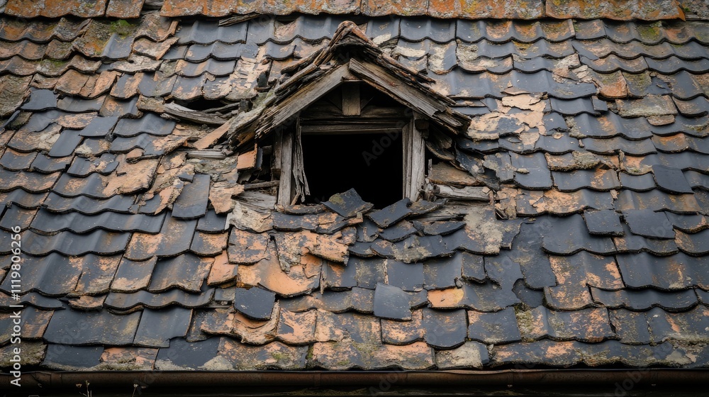 Abandoned Roof with Damaged Tiles and Wooden Beams Architectural Decay ...
