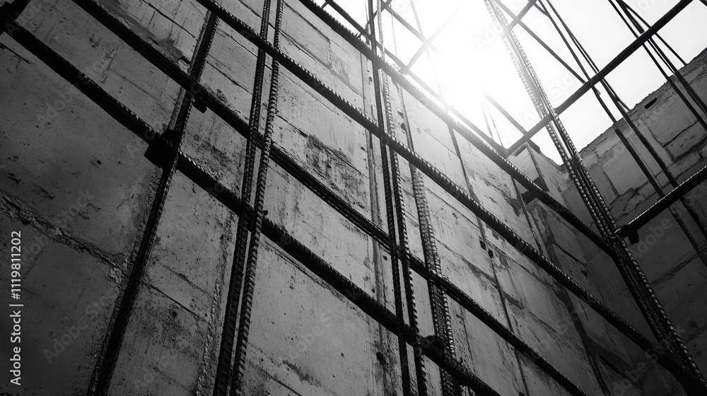 Reinforced concrete construction site showing builders secured to steel ...