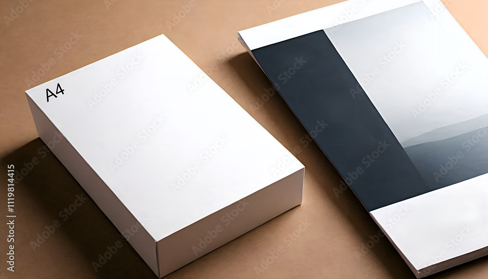 mockup of A4 printer paper packaging and stack on a brown background ...