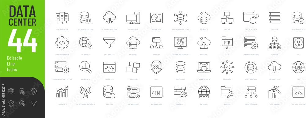 Data Center Line Editable Icons set. Vector illustration in modern thin ...