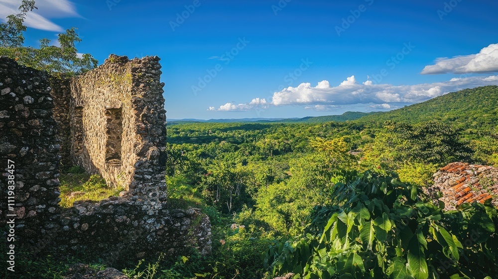 Ancient stone ruins surrounded by lush greenery under a clear blue sky ...