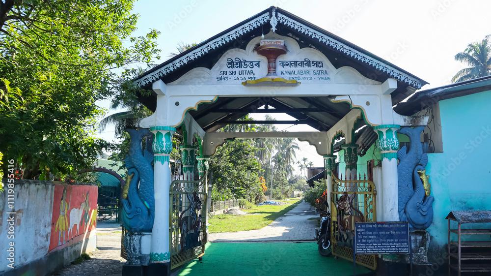 Gate leading to Uttara Kamalabari Satra, a temple dedicated to Lord ...