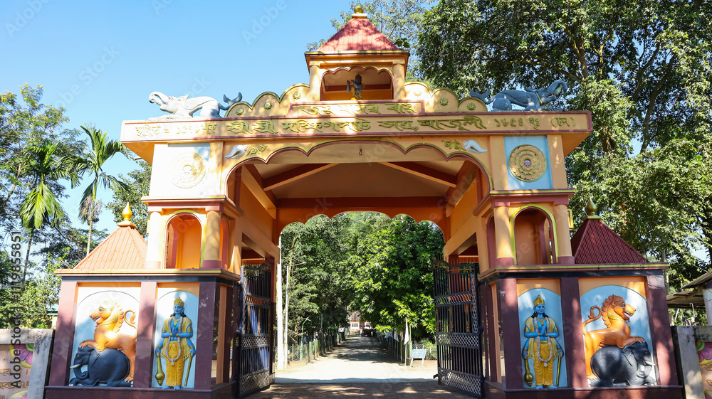 Entrance gate of Dakhinpat Satra, a temple dedicated to Lord Krishna ...
